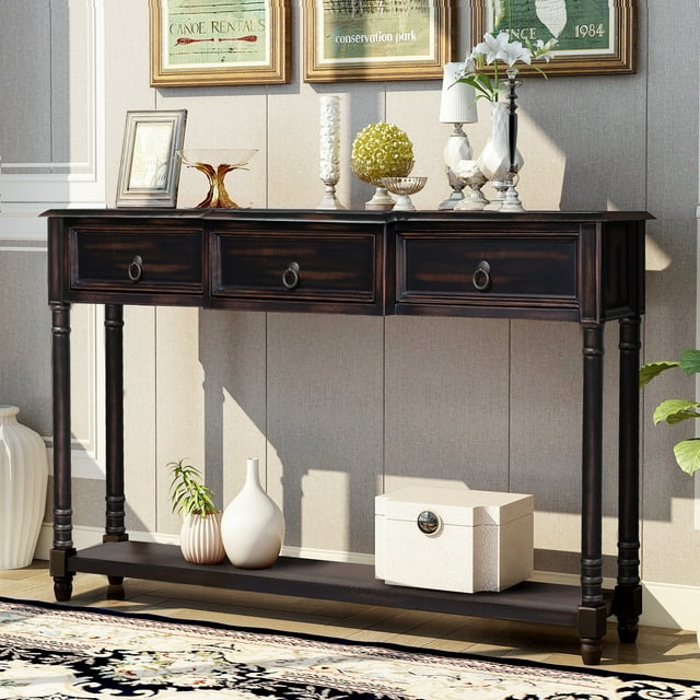 Tall Console Table with 3 Storage Drawers, 52'' x 11.5'' x 34'' Wood B ...