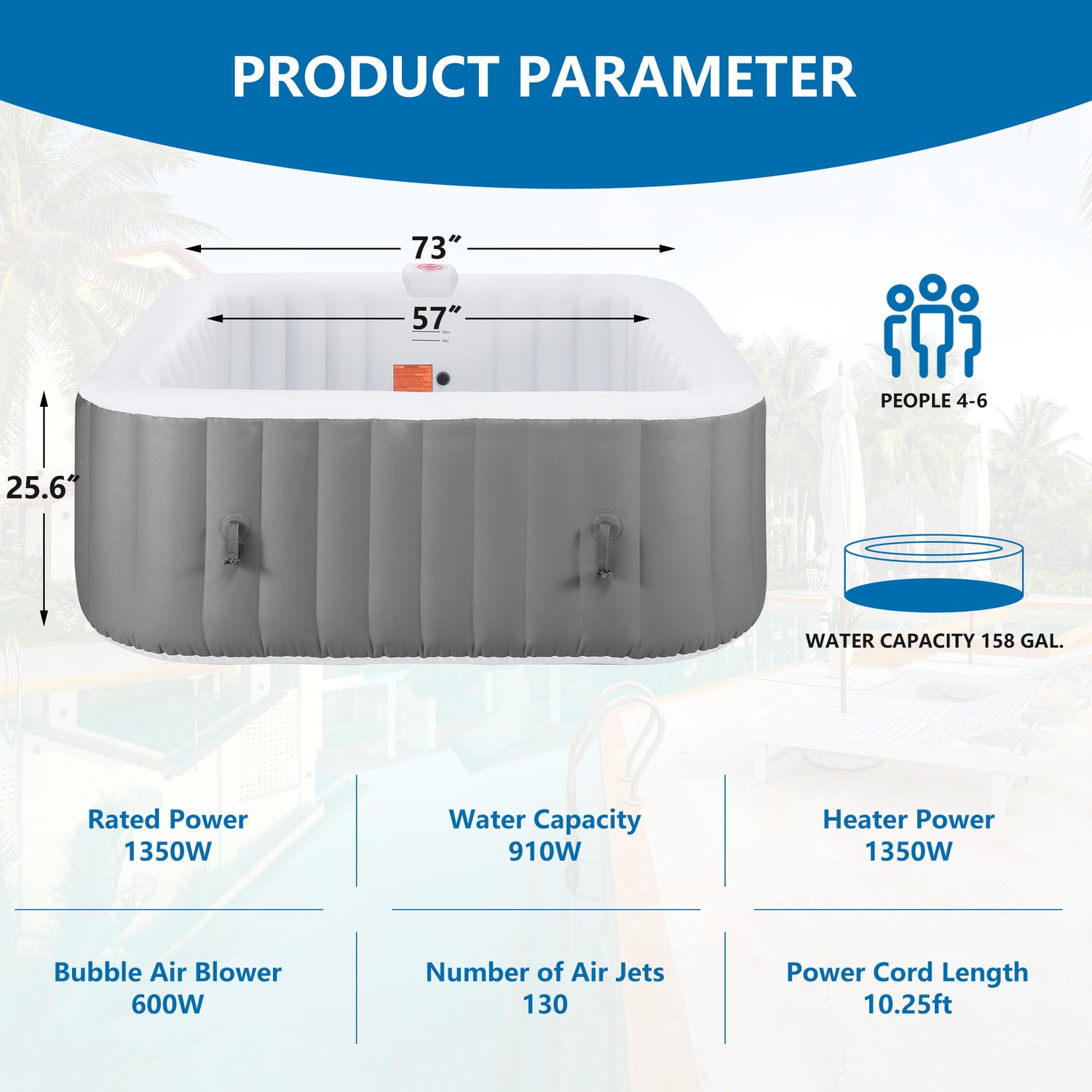 4-6 Person Outdoor Portable Inflatable Heated Hot Tub with 130 Bubble ...