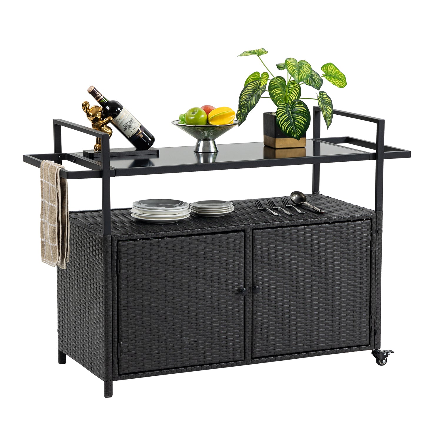 SEGMART Outdoor Rolling Wicker Bar Cart, Large Portable Outdoor Wicker
