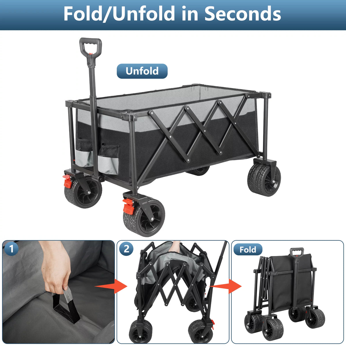 Folding Grocery Cart with Wheels, Heavy Duty Utility Wagon Cart with A ...