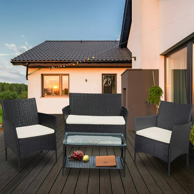 4 Pieces Outdoor Wicker Conversation Set, All-Weather Rattan Patio Fur ...