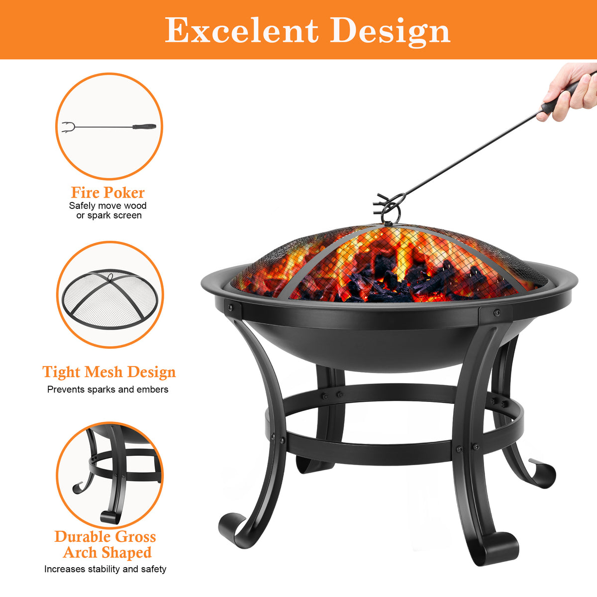 Segmart 22" Round Fire Pit, Curved Feet Iron Outdoor Wood Burning Fire ...