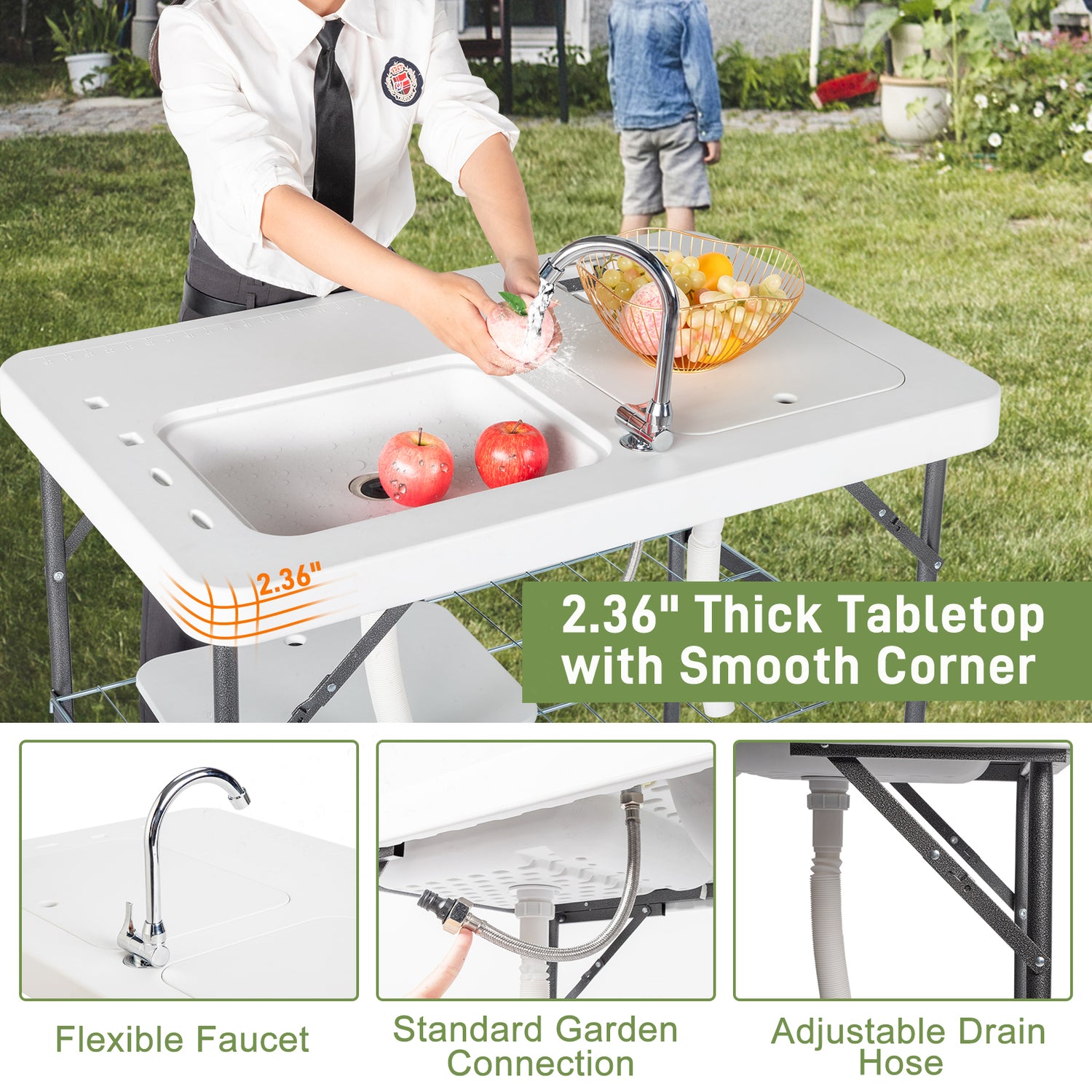 SEGMART Folding Camping Table with Faucet and Dual Water Basins, Outdo