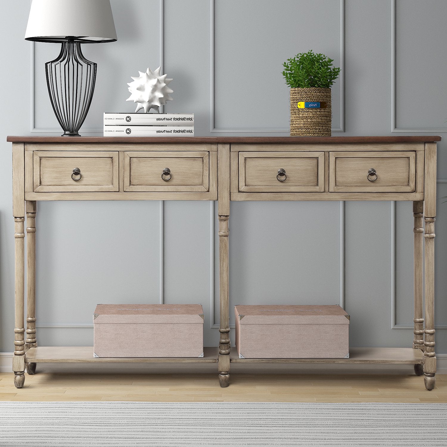 Tall Console Table with 2 Big Drawers and Bottom Shelf, SEGMART Retro