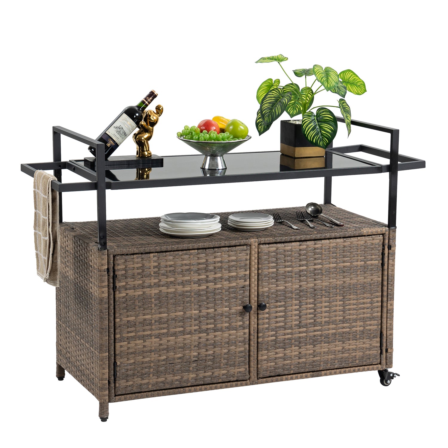 SEGMART Outdoor Rolling Wicker Bar Cart, Large Portable Outdoor Wicker