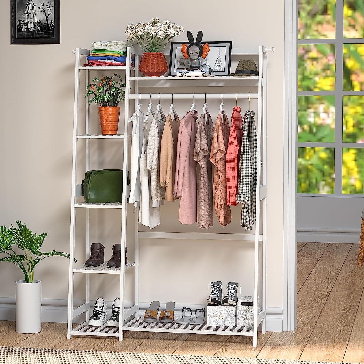 Bamboo Closet Organizer Garment Rack, 59" Free Standing Clothes Rack w ...