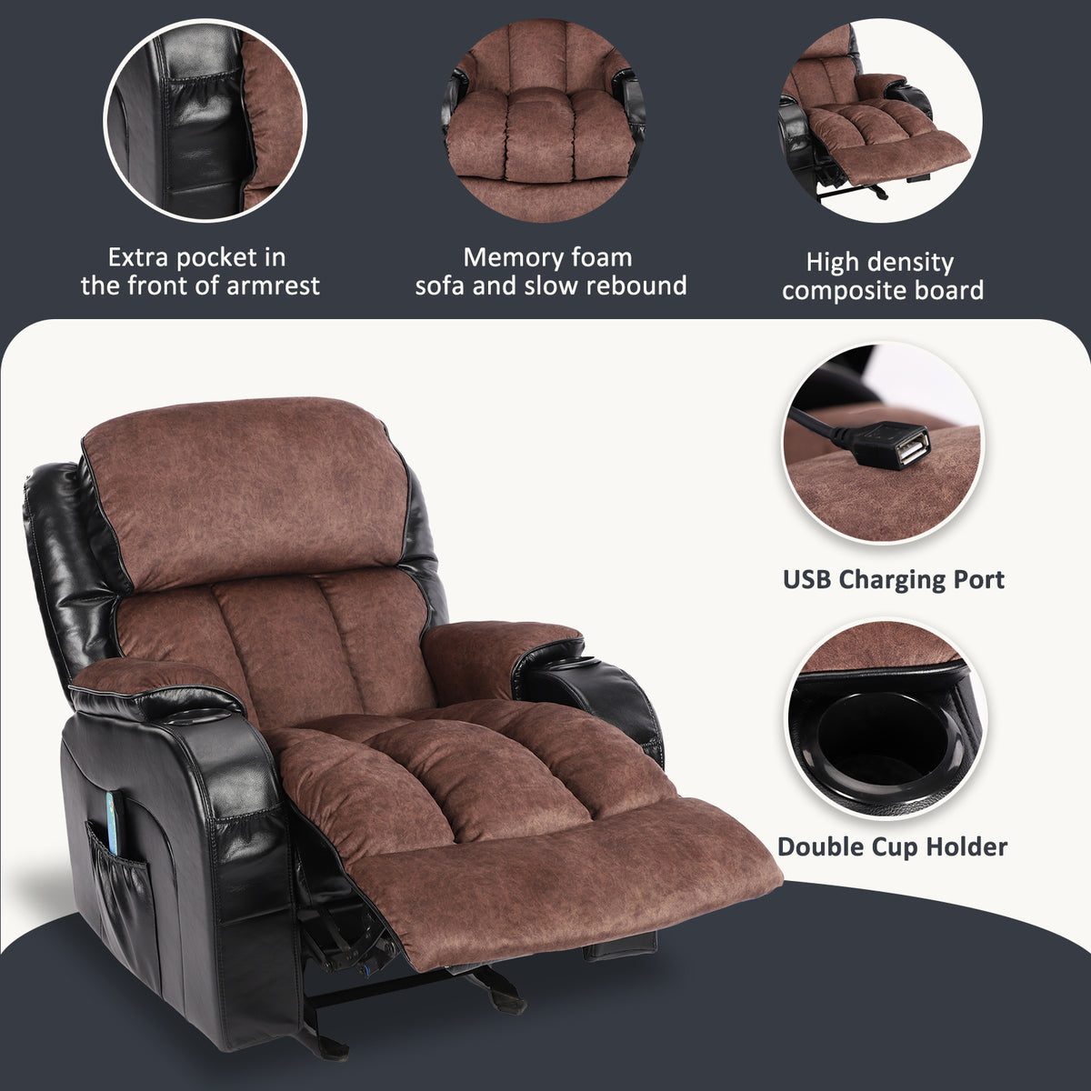 SEGMART Rocking Recliner Chair with Remote Control for Adults, PU Leat