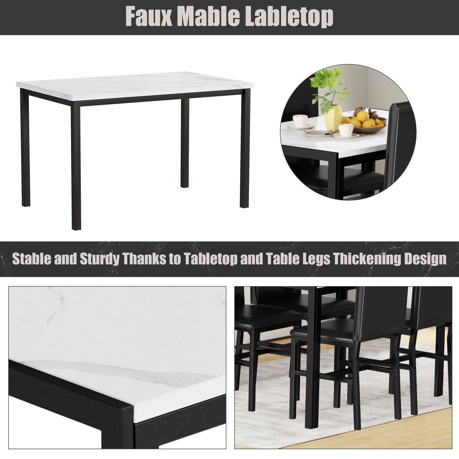 Kitchen Table and 4 Chairs Set, Metal Kitchen Table Sets Faux Marble R ...