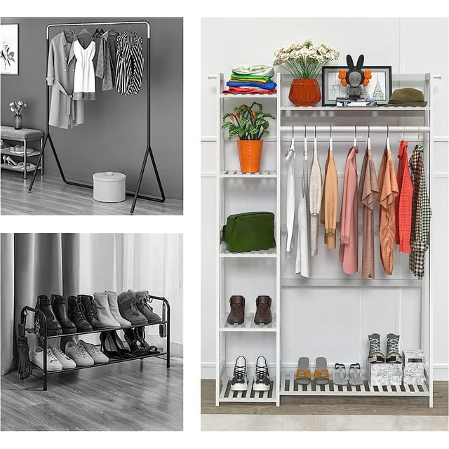Bamboo Closet Organizer Garment Rack, 59" Free Standing Clothes Rack w ...
