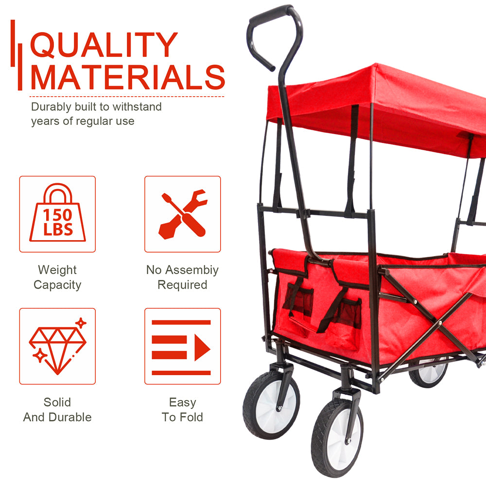 Folding Wagon Cart with Canopy, Heavy Duty Collapsible Utility Wagon w ...