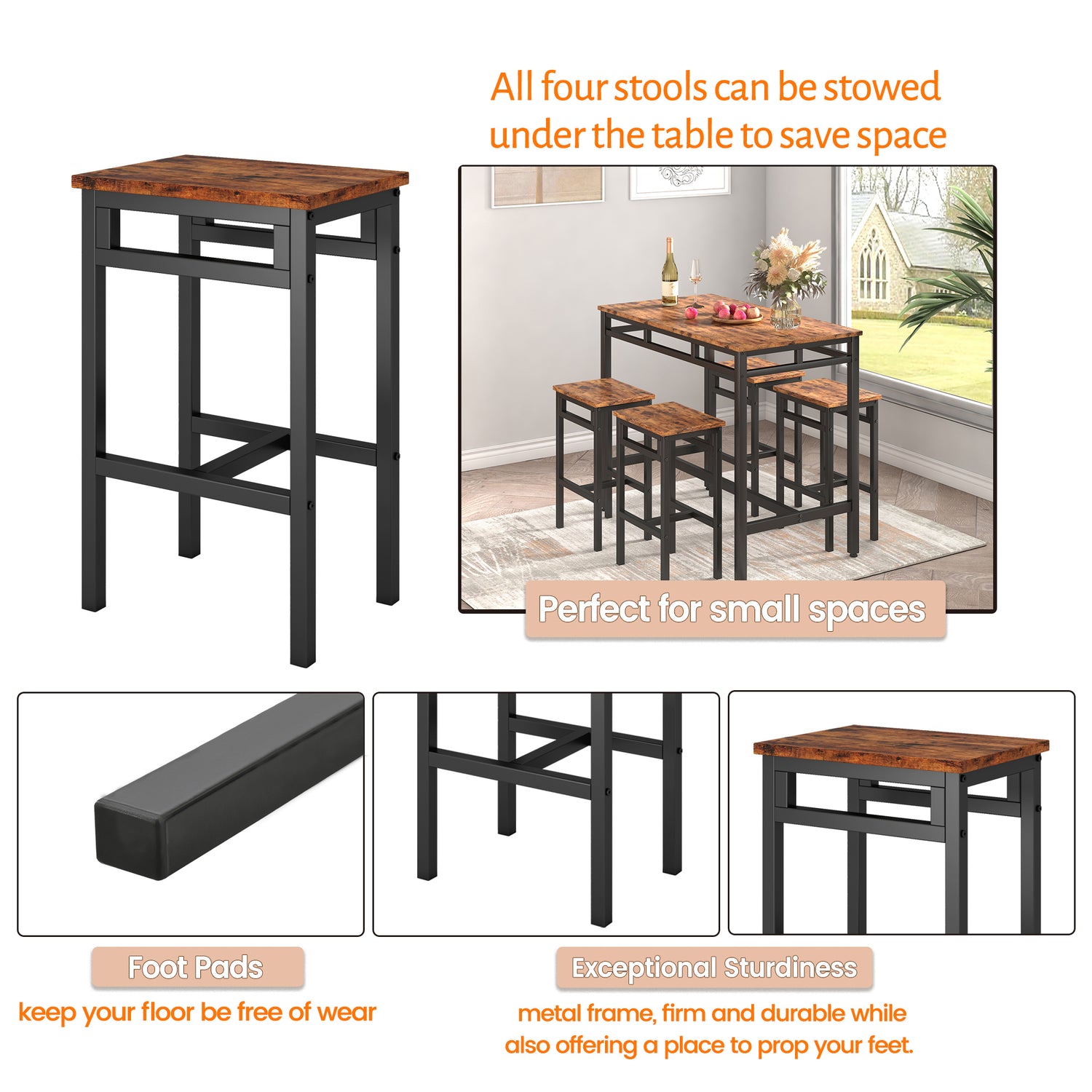 Counter Height Table Set of 5, Breakfast Bar Table and Stool Set, Mini ...