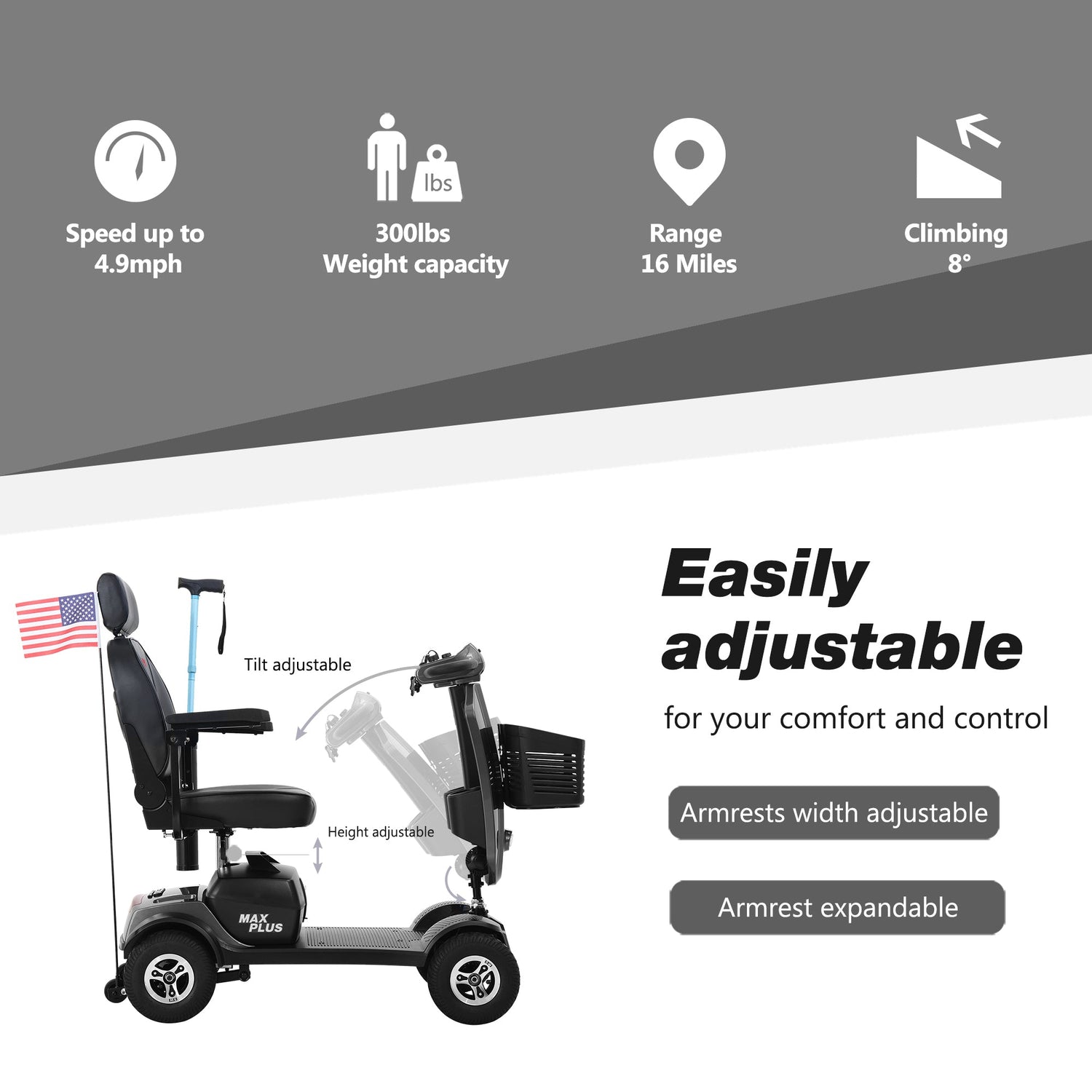 300W Motor Compact Mobility Scooter With Windshield, 300 lbs Capacity ...