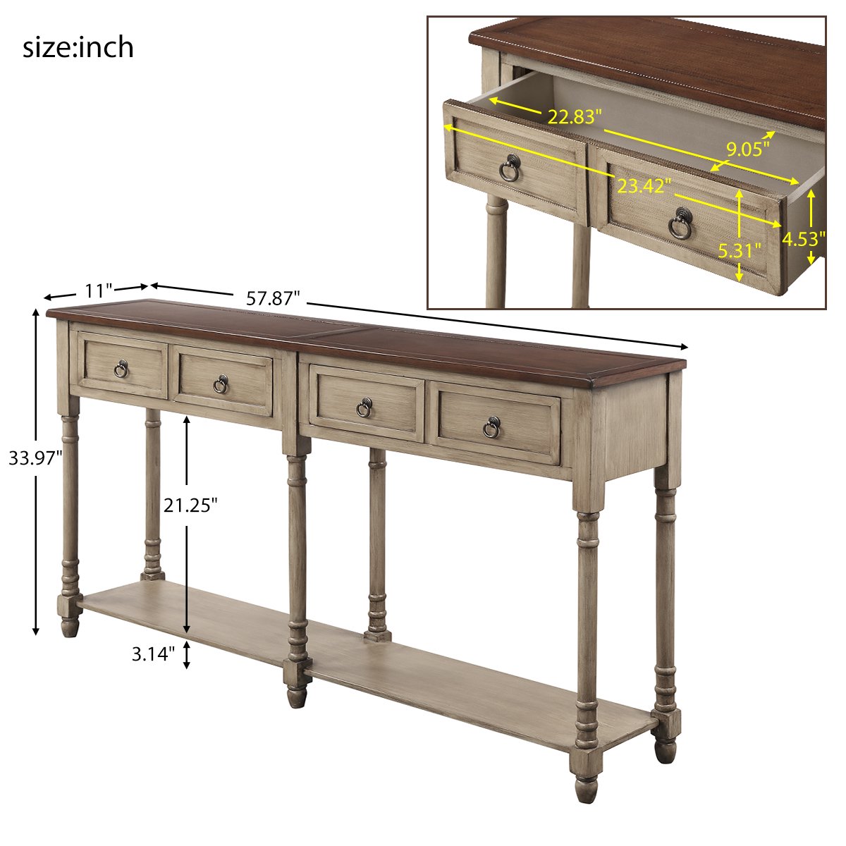 Console Table with 2 Big Storage Drawers, 58" x 11" x 34" Wood Buffet ...